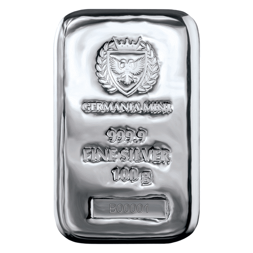 Germania Mint 100g Cast Silver Bar | 100g Silver Bars | Atkinsons Bullion
