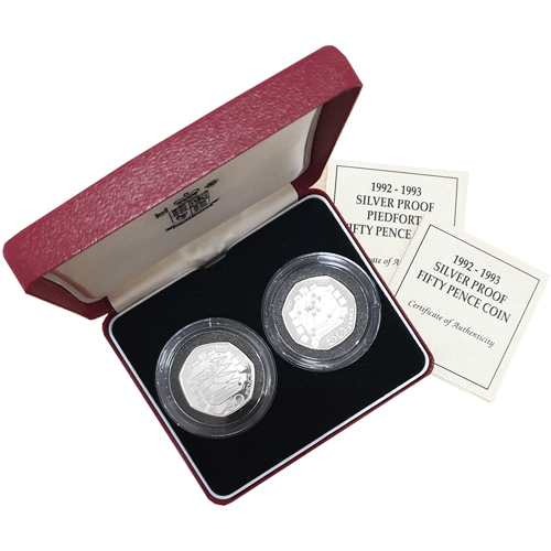 Pre-Owned UK 1992-1993 Proof 50p & Proof Piedfort 50p Silver 2-Coin Set ...