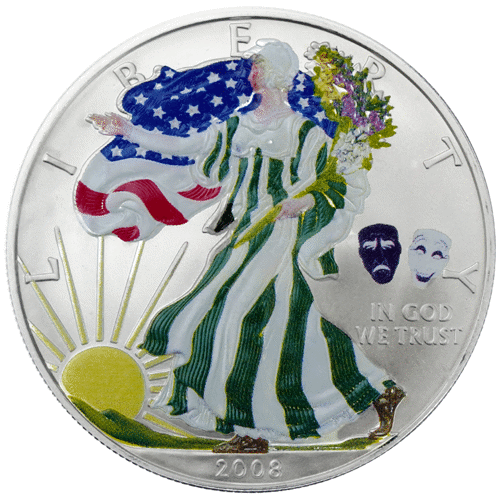Pre-Owned 2008 USA Eagle 'Comedy and Tragedy' Privy Colourised 1oz Silver Coin - VAT Free | Pre ...