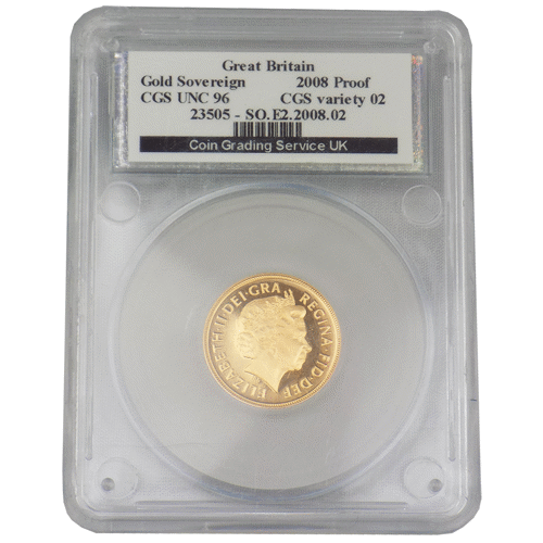 Pre-Owned 2008 UK Proof Full Sovereign Gold Coin CGS Graded UNC 96 ...