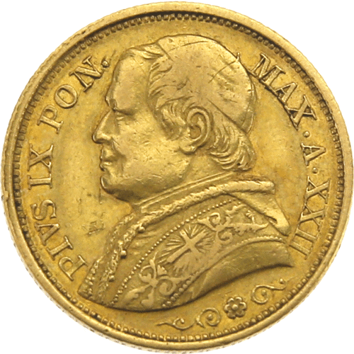 Pre-Owned 1867 Papal States Pius IX 20 Lire Gold Coin | Out Of Stock ...