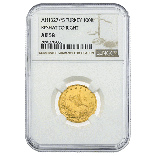 Pre-Owned 1911 Turkish 100 Kurush Gold Coin - Reshat To Right - NGC ...