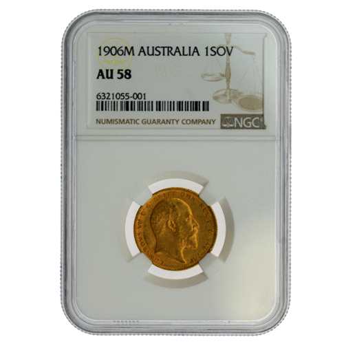 Pre-Owned 1906 Melbourne Mint Full Sovereign Gold Coin NGC Graded AU 58 ...