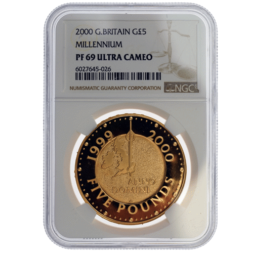 Pre-Owned 2000 UK Millennium £5 Proof Gold Coin - NGC Graded PF69 Ultra ...