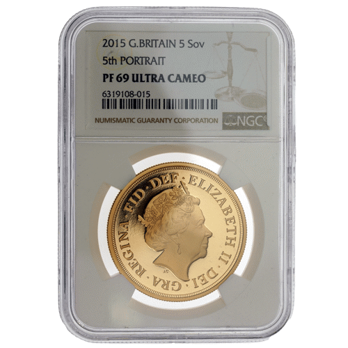Pre-Owned 2015 UK Quintuple Sovereign Fifth Portrait £5 Proof Gold Coin ...