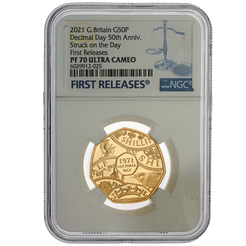 Pre-Owned 2021 UK Decimal Day 50p Proof Gold Coin - NGC Graded PF70 ...