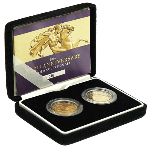 Pre-Owned UK 1957 and Proof 2007 50th Anniversary Full Sovereign Gold 2-Coin Set - Missing Outer ...
